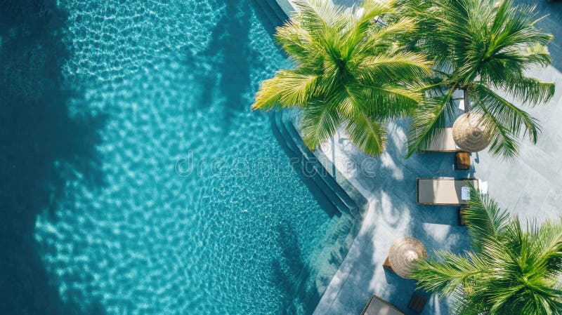 Aerial View of Luxurious Poolside Oasis with Palm Trees and Lounge ...