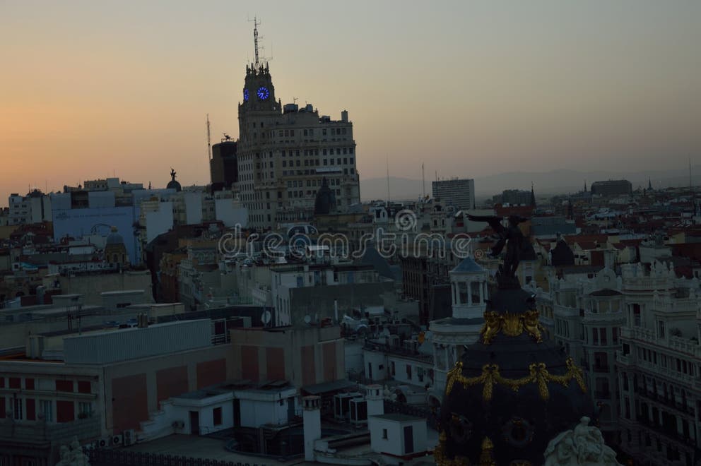 Aerial View of Madrid with Sunset in the Background Stock Image - Image ...