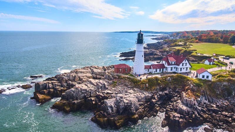 Aerial View of Maine Coastline with Rocky Cliffs and Iconic White ...