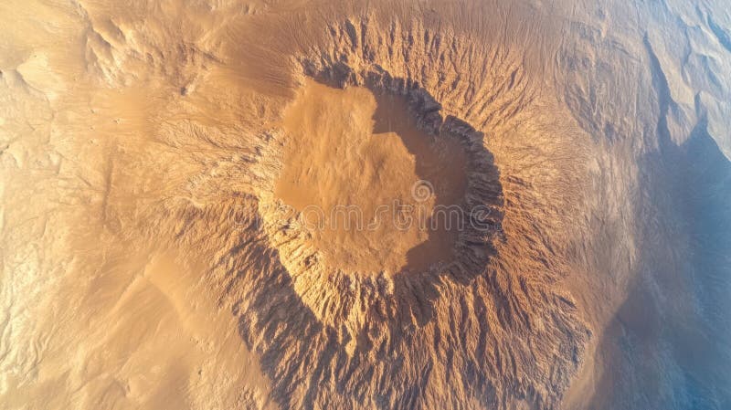 Aerial View of a Majestic Desert Crater with Rugged Terrain and Shadow ...