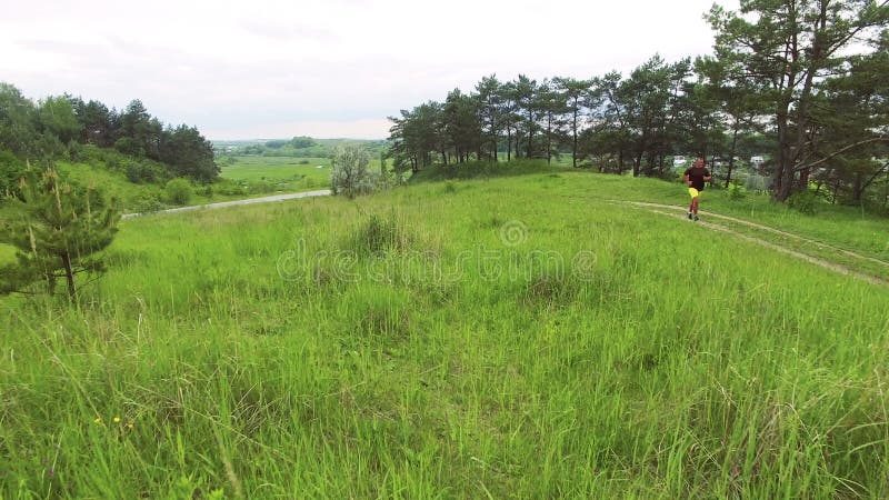 Aerial View of Man Running Cross on the Path 4k Stock Video - Video of ...