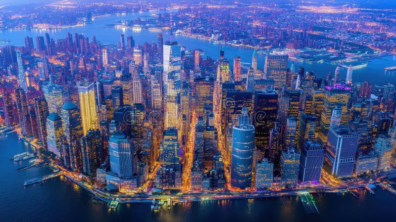 Aerial View of Manhattan Skyline at Night Blurs Stock Illustration ...