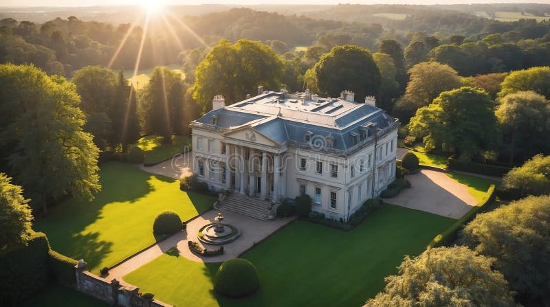 Aerial View of Mansion House with Dramatic Sun Lighting and a Ai ...
