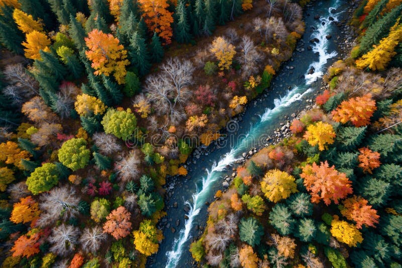 Aerial View Maple Tree Forest on the Edge of a Fast-flowing Rocky River ...