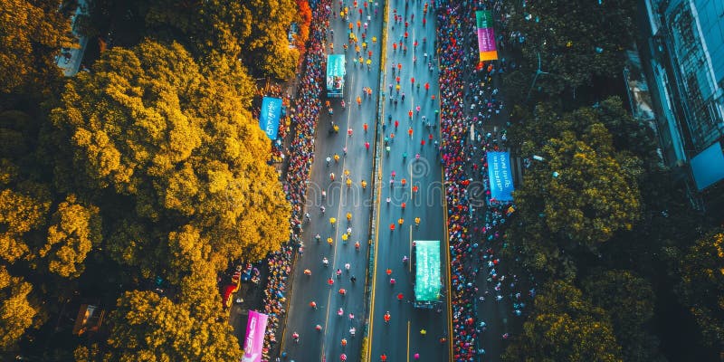 An Aerial View of a Marathons Route, Lined with Cheering Crowds and ...
