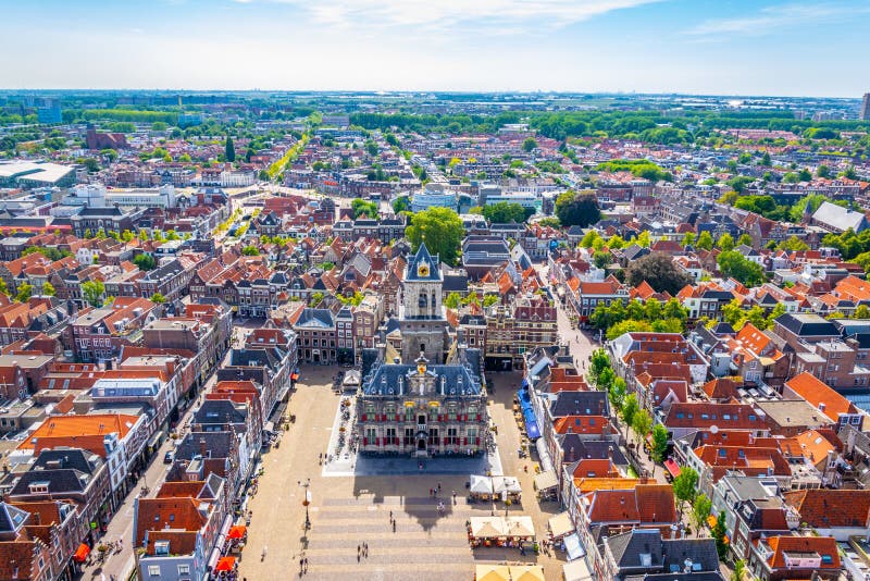 Aerial View of Markt Square Dominated by Town Hall of Delft ...