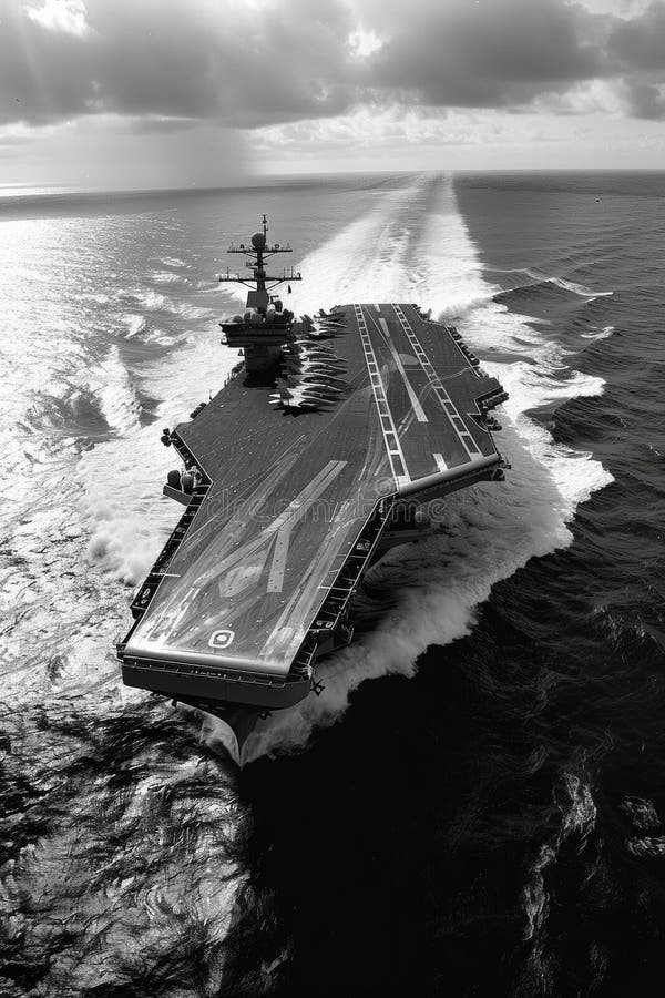 Aerial View of a Massive Aircraft Carrier Navigating through the Ocean ...