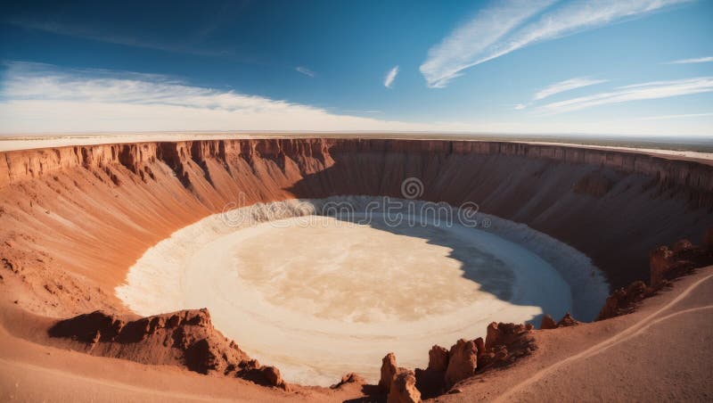 Aerial View of a Massive Crater in a Desert Landscape during Clear ...