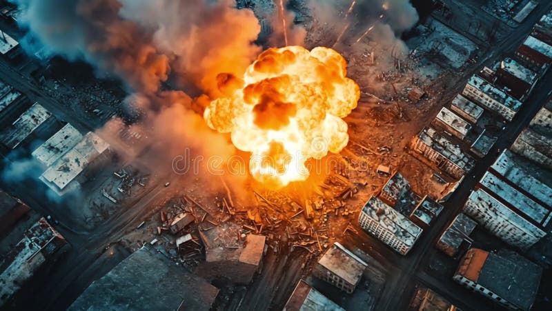 Aerial View of a Massive Explosion in Urban Area Devastation and ...