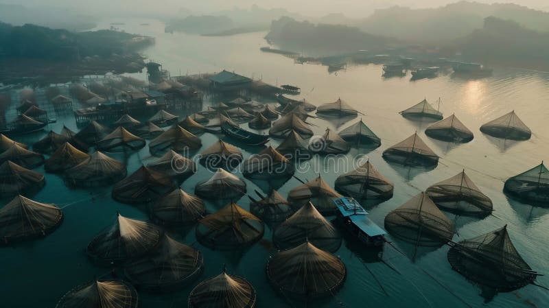 Aerial View of a Massive Fishing Fleet Working Together, with Multiple ...