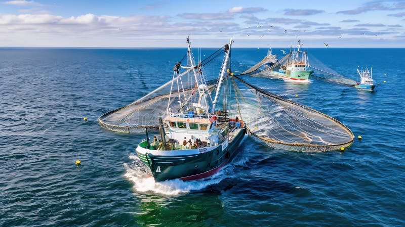 Aerial View of a Massive Fishing Fleet Working Together, with Multiple ...