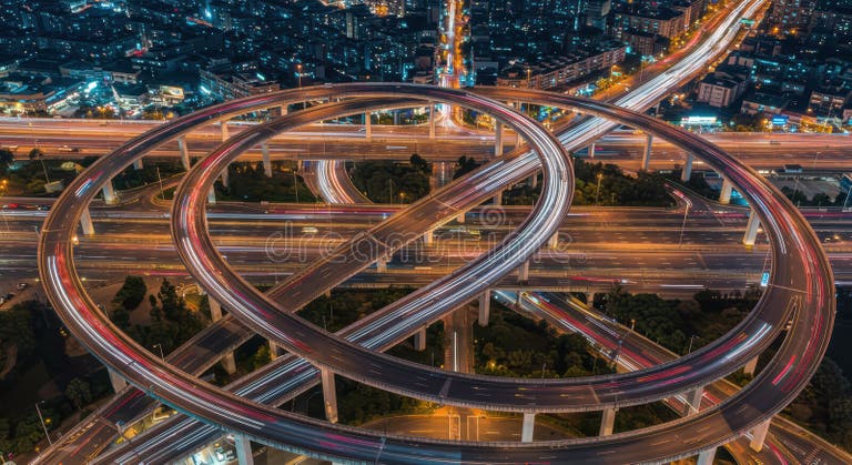 Aerial View of a Massive Intersecting Highway Interchange at Night with ...