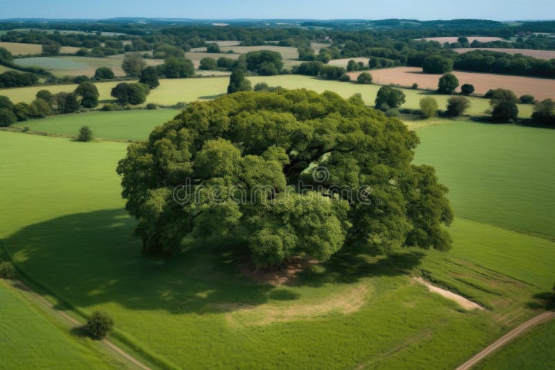 Aerial View of Massive Oak Tree in Green Field Stock Image - Image of ...