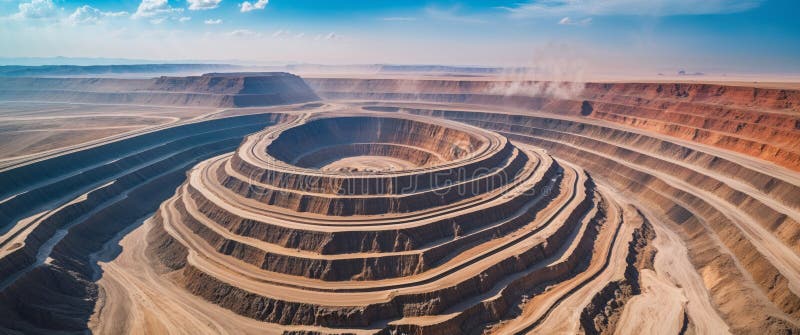 Aerial View of Massive Open Pit Mine with Terraced Excavation and Dust ...