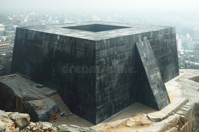 Aerial View of a Massive Stone Cube Structure in an Urban Setting with ...
