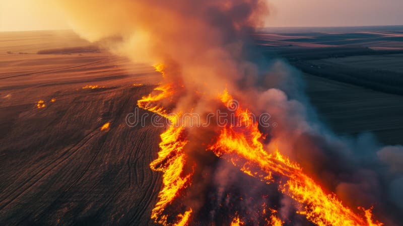 Aerial View of a Massive Wildfire in Open Fields with Dramatic Smoke ...