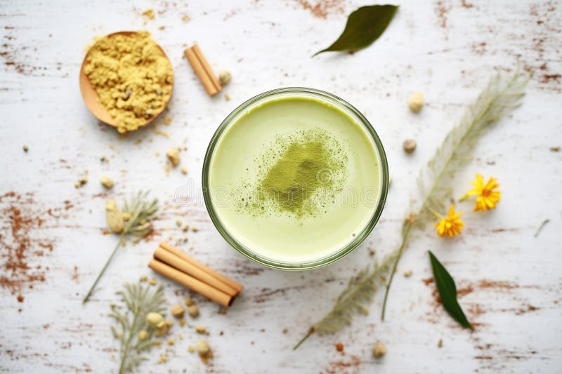 Aerial View of a Matcha Latte Surrounded by Dried Tea Leaves Stock ...