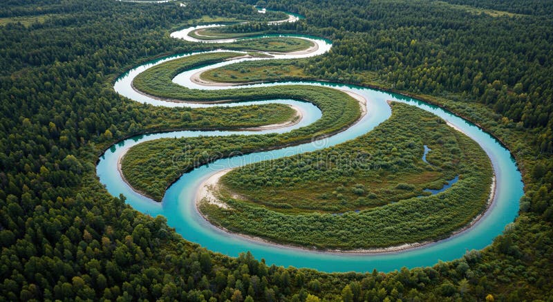Aerial View of a Meandering River Stock Illustration - Illustration of ...
