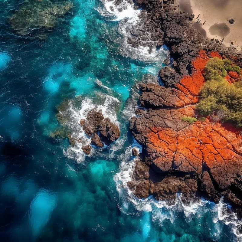 Aerial View of Mesmerizing Turquoise Ocean Water and Striking Red Rocks ...