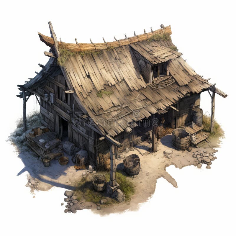 Dragoncore-inspired Old House with Weathered Wood Roof Stock ...