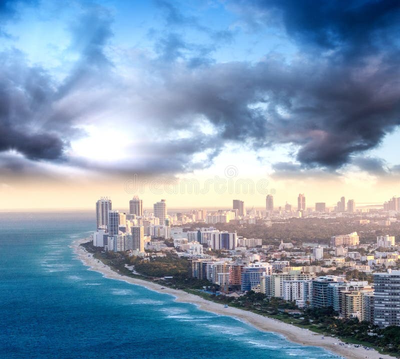 Aerial View of Miami Beach at Sunset Stock Photo - Image of blue ...