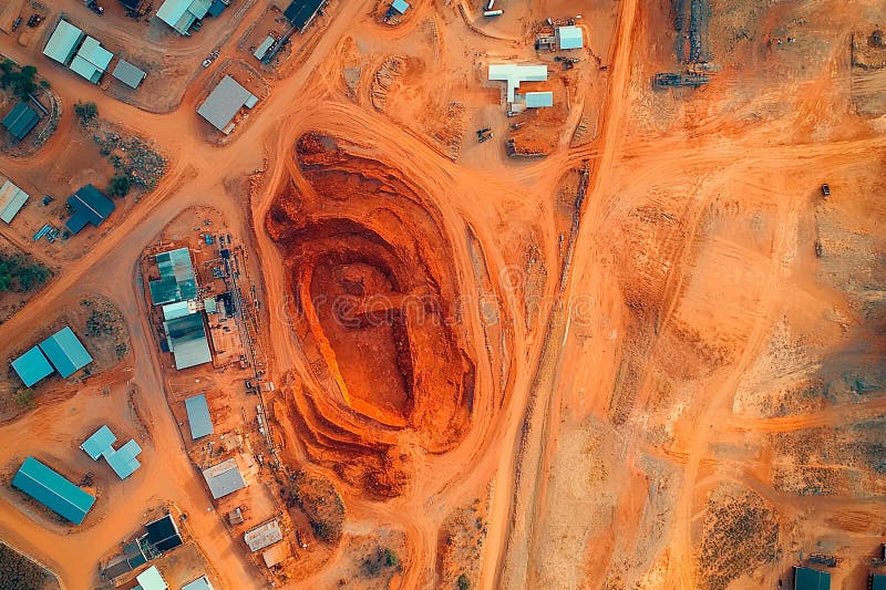 Aerial View of Mining Area Showcasing Red Earth and Scattered ...