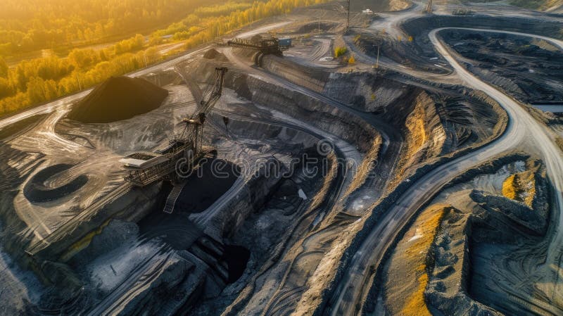 Aerial View of Mining Operations in a Coal Mine during Sunrise Stock ...