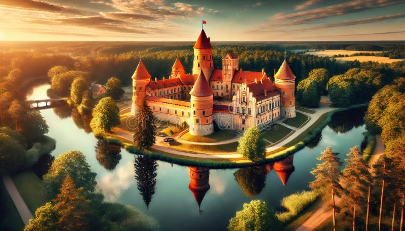 Aerial View of Mir Castle Complex Reflecting in the Lake during Sunset ...