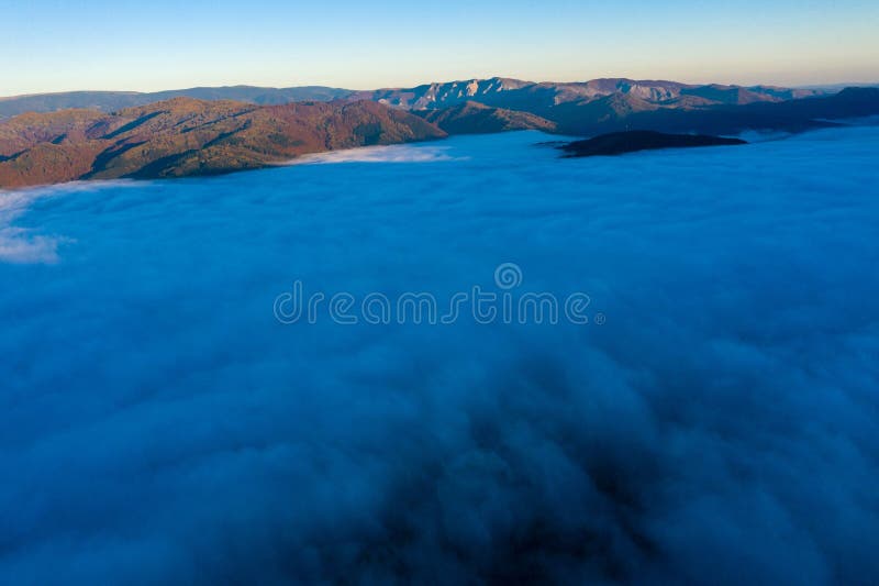 Aerial View of Mist and Clouds in the Valley in Sunrise Stock Image ...