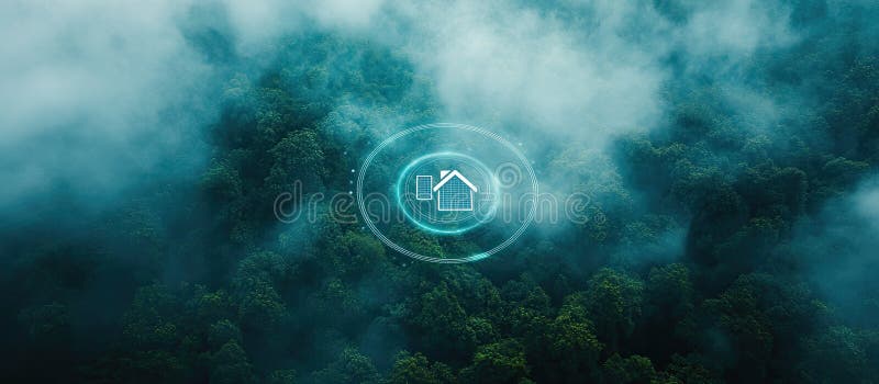 "Aerial Misty Forest with Home Icon Overlay" Stock Illustration ...