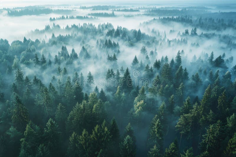 Aerial View of a Misty Forest, Perfect for Nature Themes Stock Photo ...