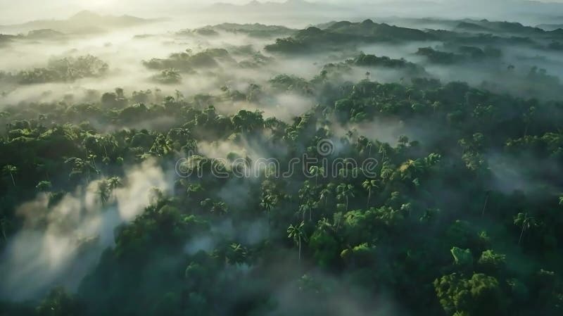Aerial View of Misty Tropical Rainforest at Sunrise Stock Footage ...