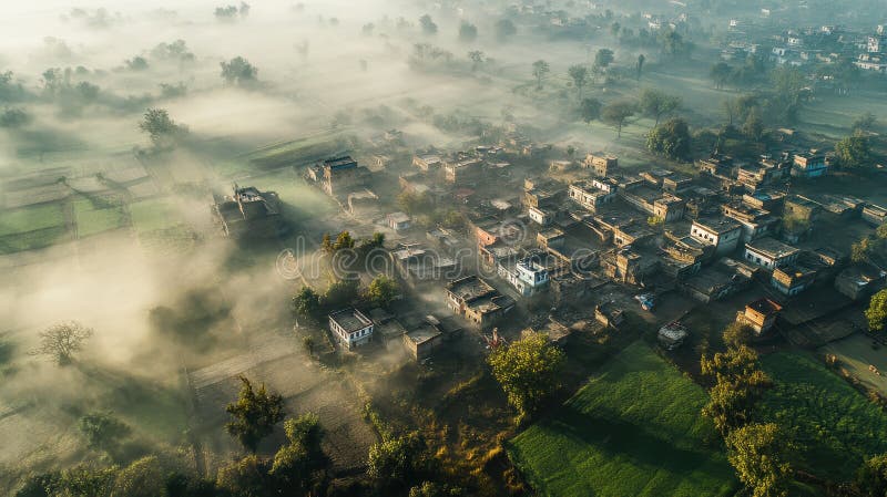 Aerial View of a Misty Village Surrounded by Fields at Dawn Stock ...