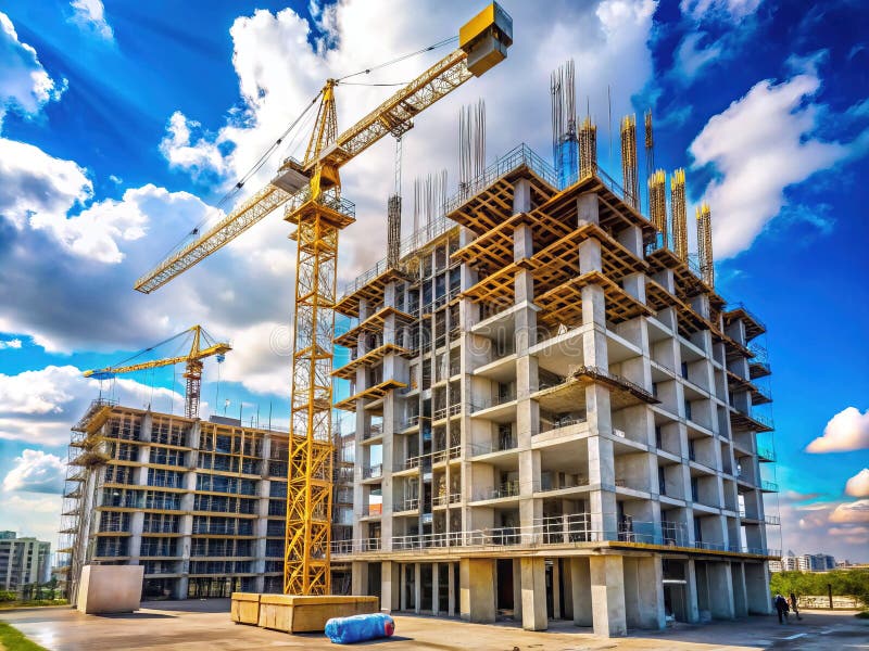 Aerial View of Modern Apartment Building Construction Monolithic Concrete Slabs and Tower Crane ...