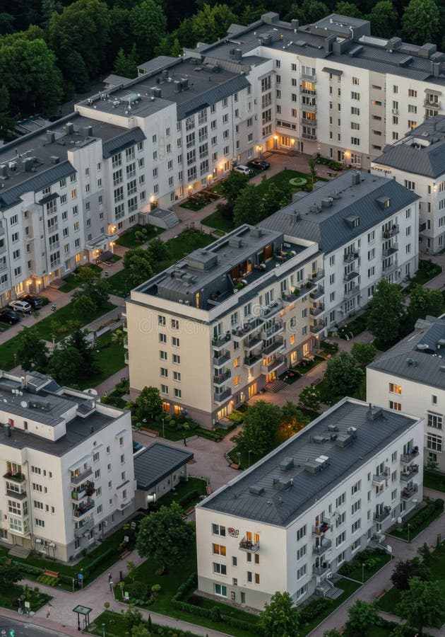 Aerial View of Modern Apartment Complex at Night Stock Image - Image of ...