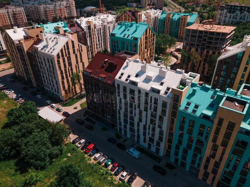 Aerial View of Modern Apartments Building Stock Photo - Image of flight ...
