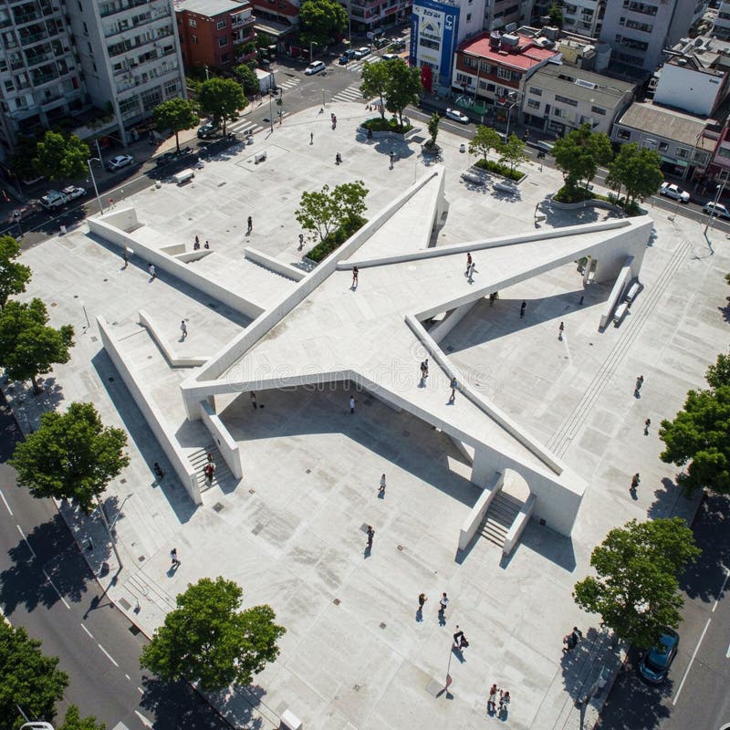 Aerial View of a Modern Architectural Plaza Featuring Angular ...