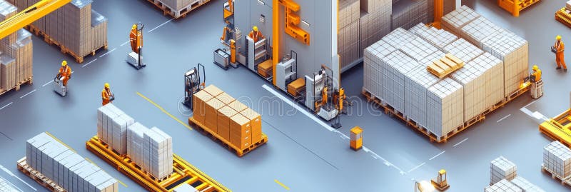 An Aerial View of a Modern Automated Warehouse with Workers and Cargo ...