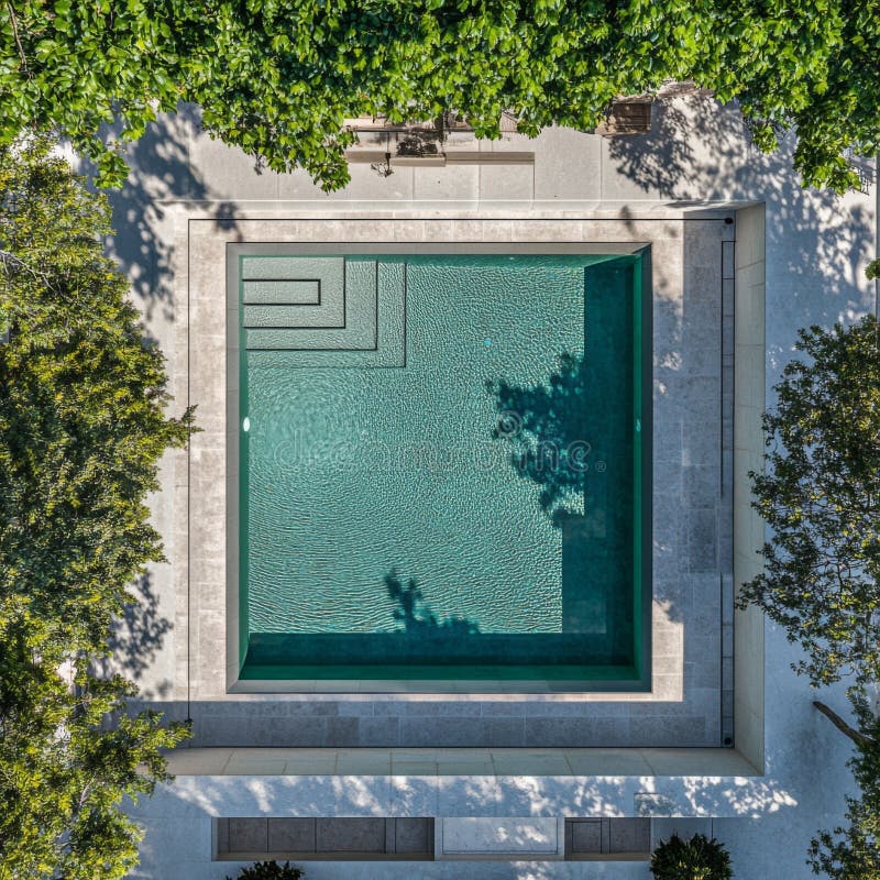 Aerial View of Modern Backyard Swimming Pool Surrounded by Trees Stock ...