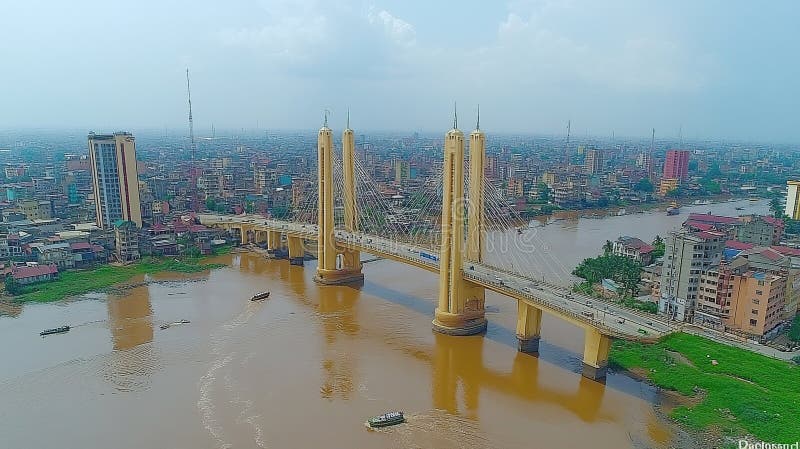 Aerial View of a Modern Bridge Spanning a River, Connecting Urban Areas ...