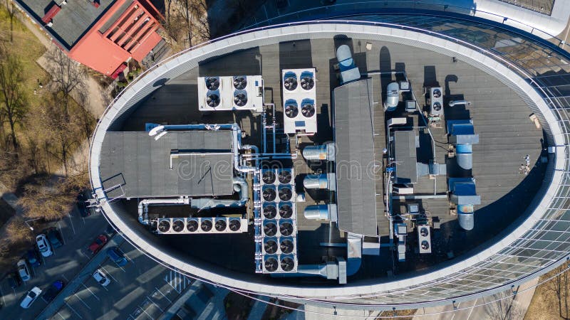 Aerial View of Modern Building Rooftop with HVAC Systems Stock Photo ...