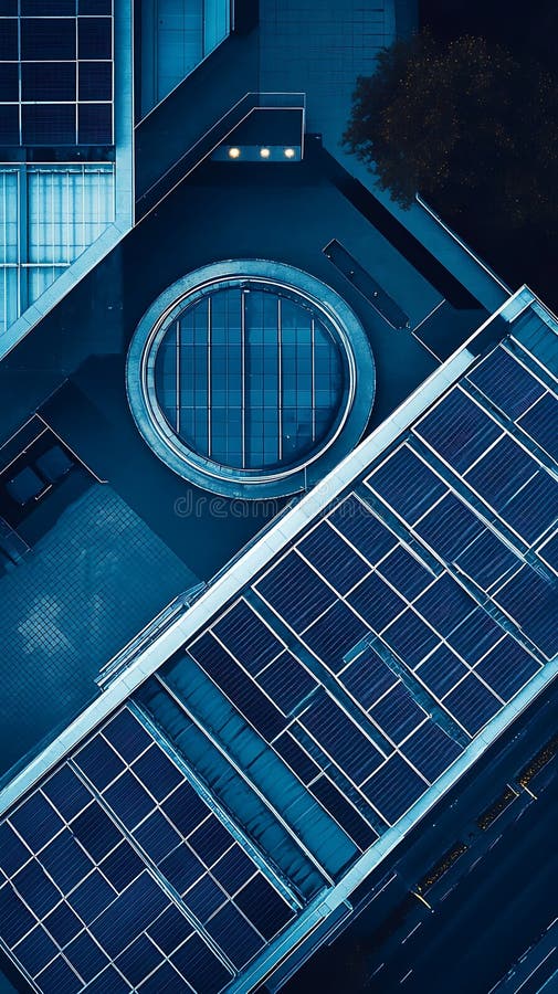 Aerial View of a Modern Building with Solar Panels and a Circular ...