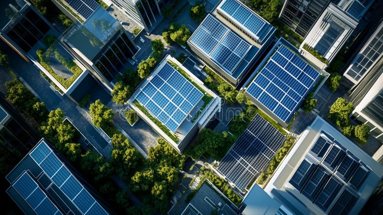 Aerial View of Modern Buildings with Solar Panels on Rooftops ...