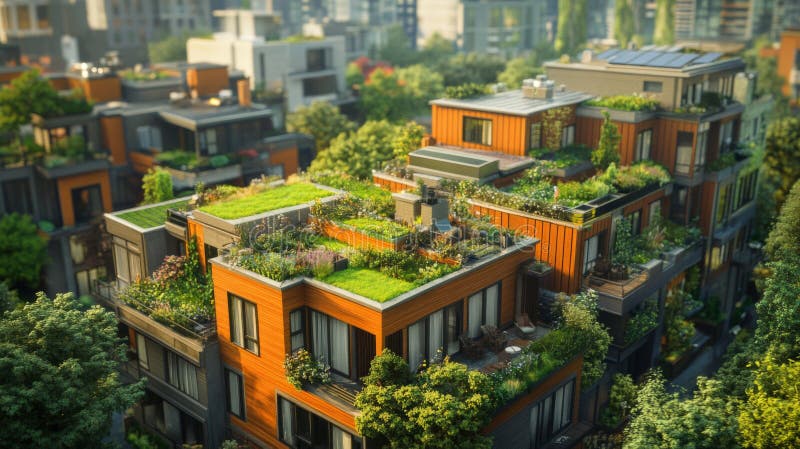 Aerial View of Modern City with Green Rooftop Gardens Stock ...
