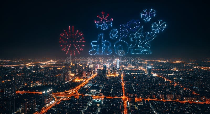 Drone Light Show Over City at Night Stock Illustration - Illustration ...
