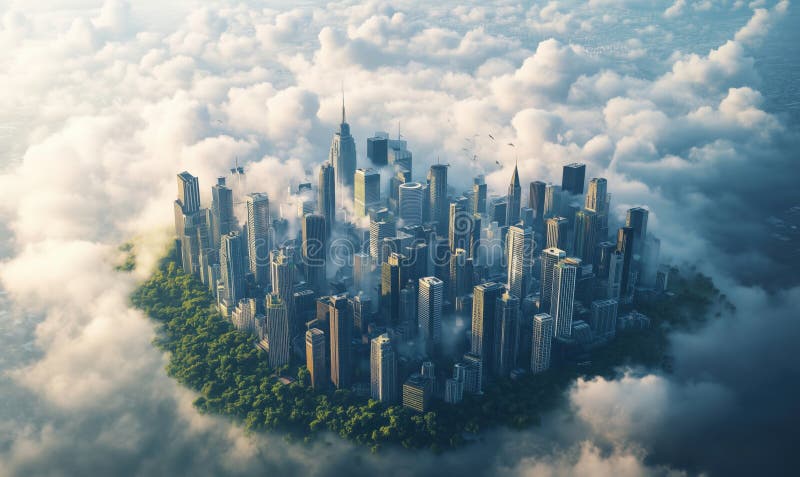 Aerial View of a Modern City Skyline Emerging from Clouds with Lush ...
