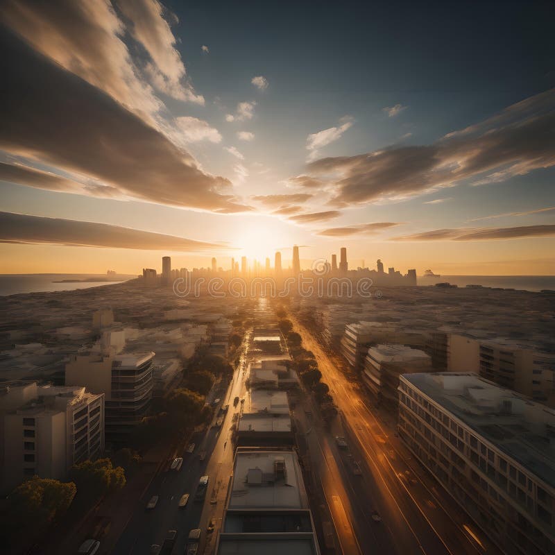 Aerial View of Modern City at Sunset. Generative Ai Stock Illustration ...