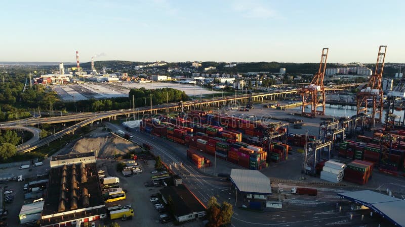 Aerial View of Modern Container Port Docks at Sunrise. Harbor and ...