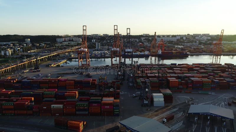 Aerial View of Modern Container Port Docks at Sunrise. Harbor and ...