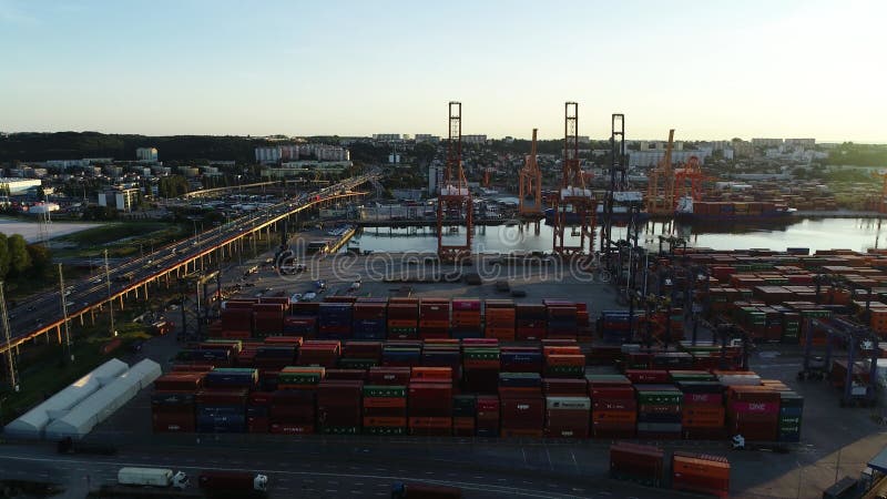 Aerial View of Modern Container Port Docks at Sunrise. Harbor and ...
